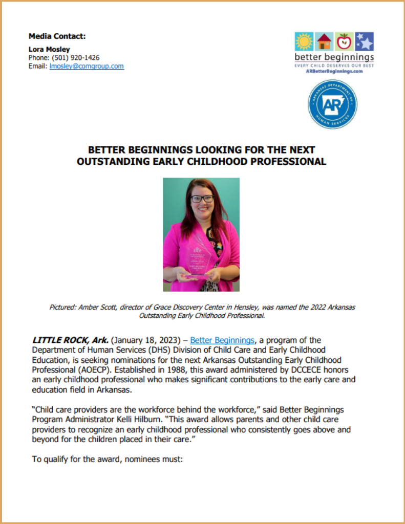Better Beginnings Looking for the Next Outstanding Early Childhood ...