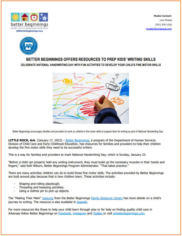 Better Beginnings Offers Resources to Prep Kids' Writing Skills | AR ...